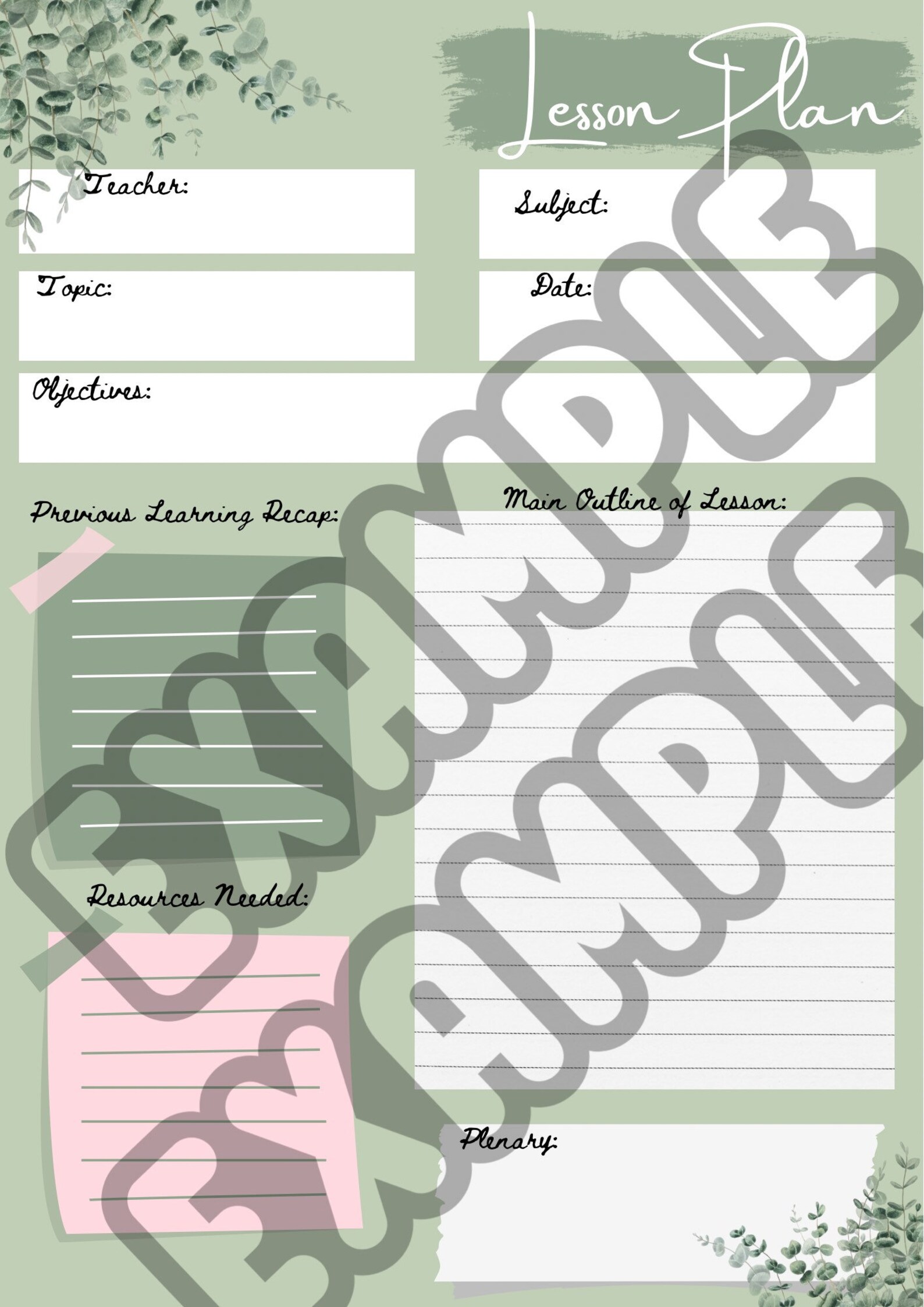 Lesson Plan With Marking and Feedback Sheet Eucalyptus Design - Etsy