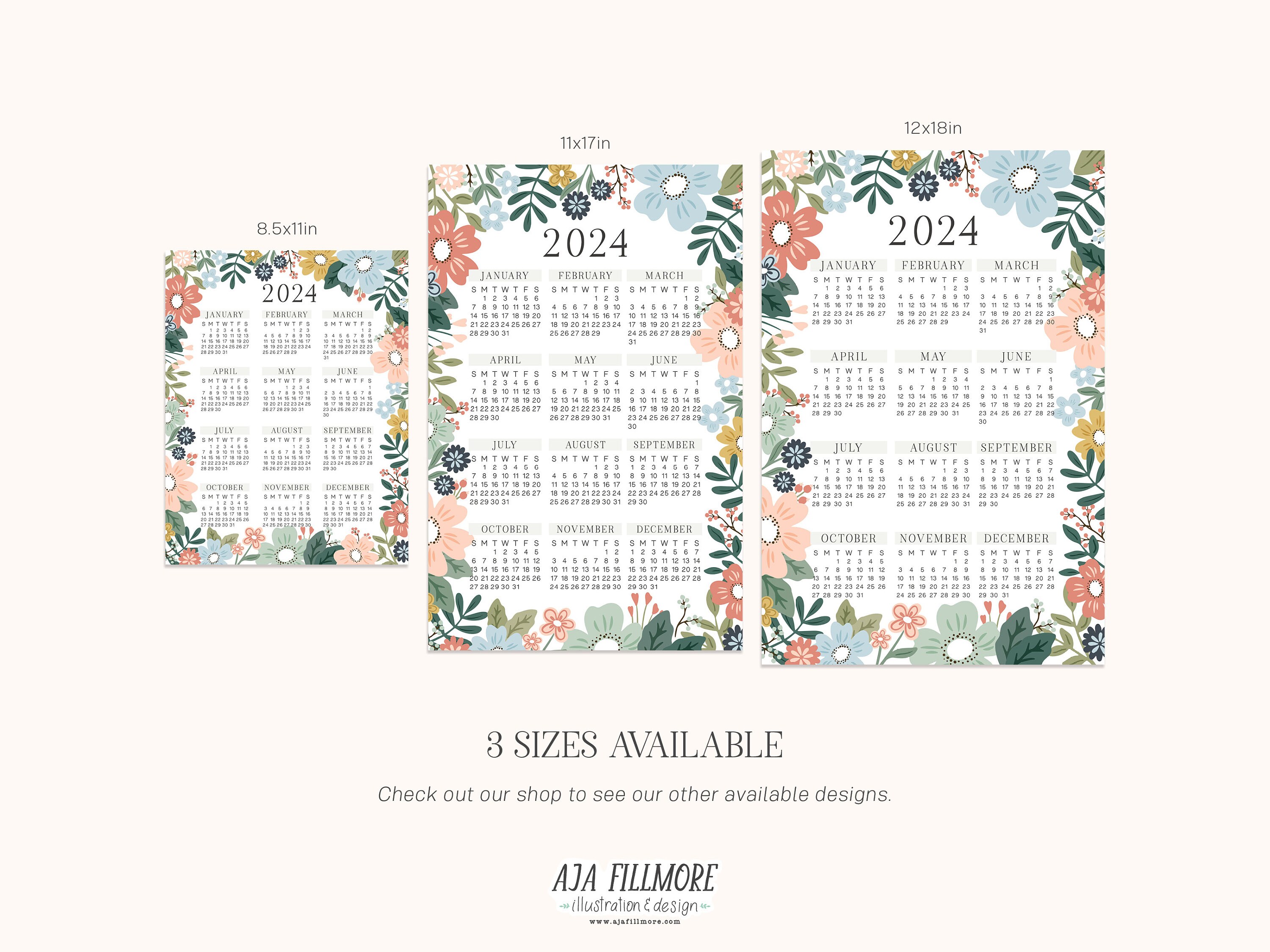 2024 Year at a Glance Calendar, 2024 Wall Calendar, 2024 Digital Wall ...