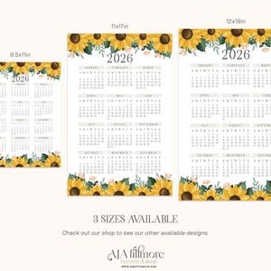 2026 Printable Sunflower Calendar | Year at a Glance | Floral Wall Art ...