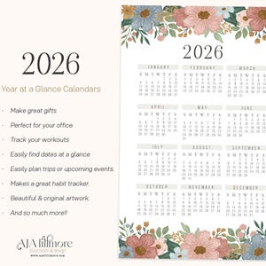 2026 Year at a Glance Calendar, 2026 Wall Calendar, 2025 Digital Wall Calendar, Printable ...
