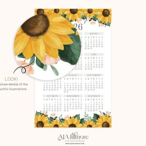 2026 Printable Sunflower Calendar | Year at a Glance | Floral Wall Art ...