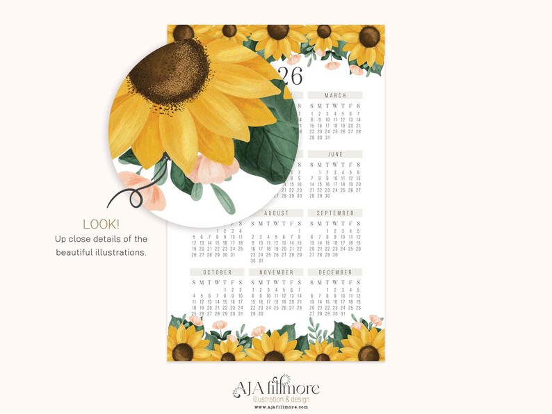 2026 Printable Sunflower Calendar | Year at a Glance | Floral Wall Art ...