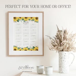 2026 Printable Sunflower Calendar | Year at a Glance | Floral Wall Art ...