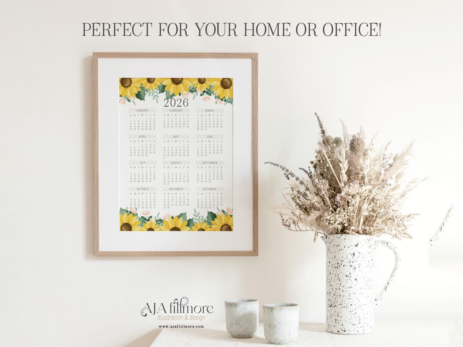 2026 Printable Sunflower Calendar | Year at a Glance | Floral Wall Art ...