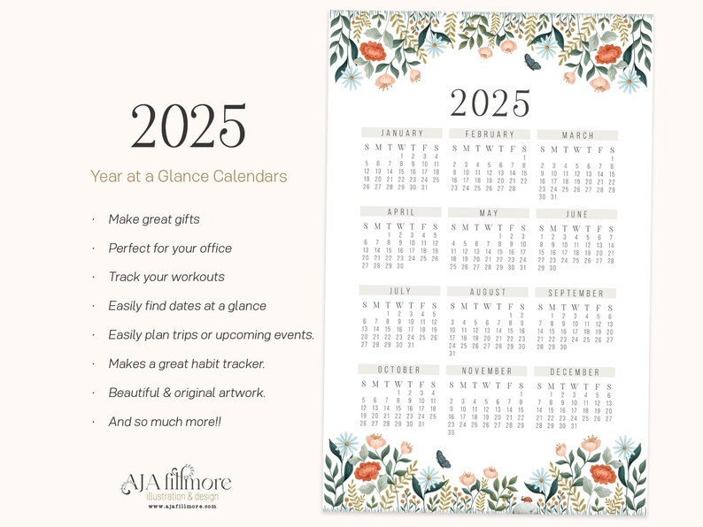 2025 Year at a Glance Calendar, 2025 Wall Calendar, 2025 Digital Wall ...