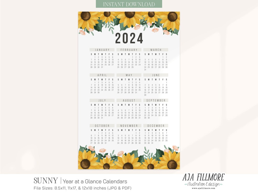 2024 Year at a Glance Calendar, 2024 Wall Calendar, 2024 Digital Wall ...