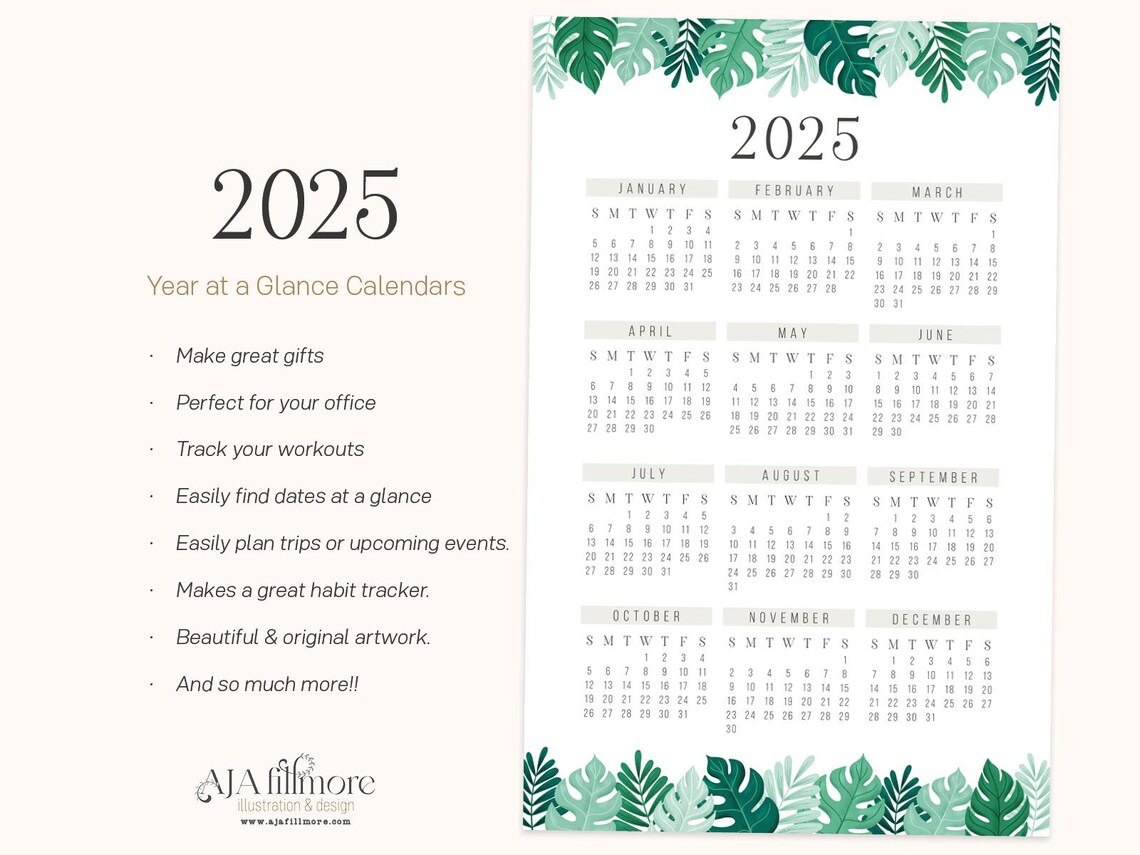 2025 Year at a Glance Calendar, 2025 Wall Calendar, 2025 Digital Wall ...
