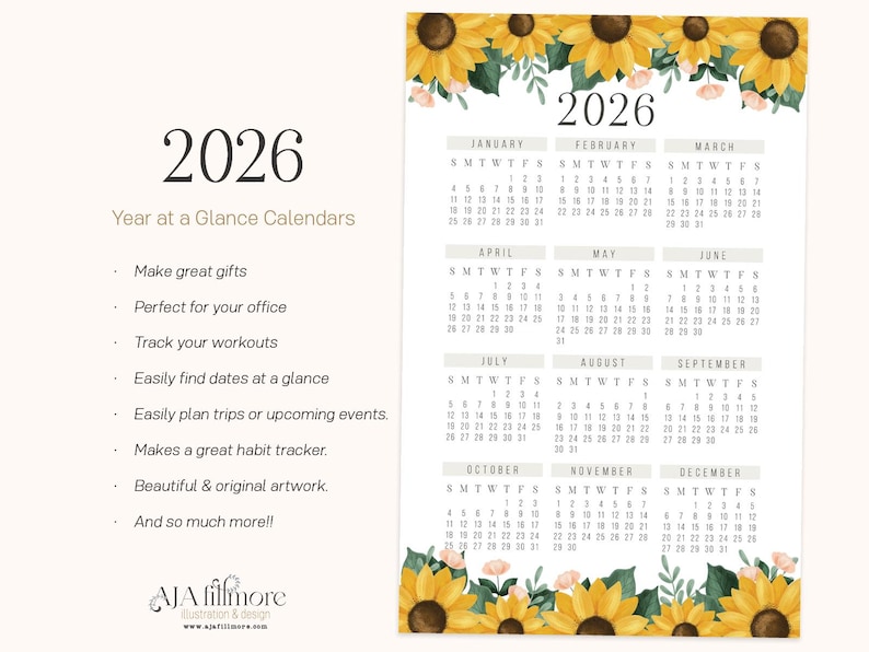 2026 Printable Sunflower Calendar | Year at a Glance | Floral Wall Art ...