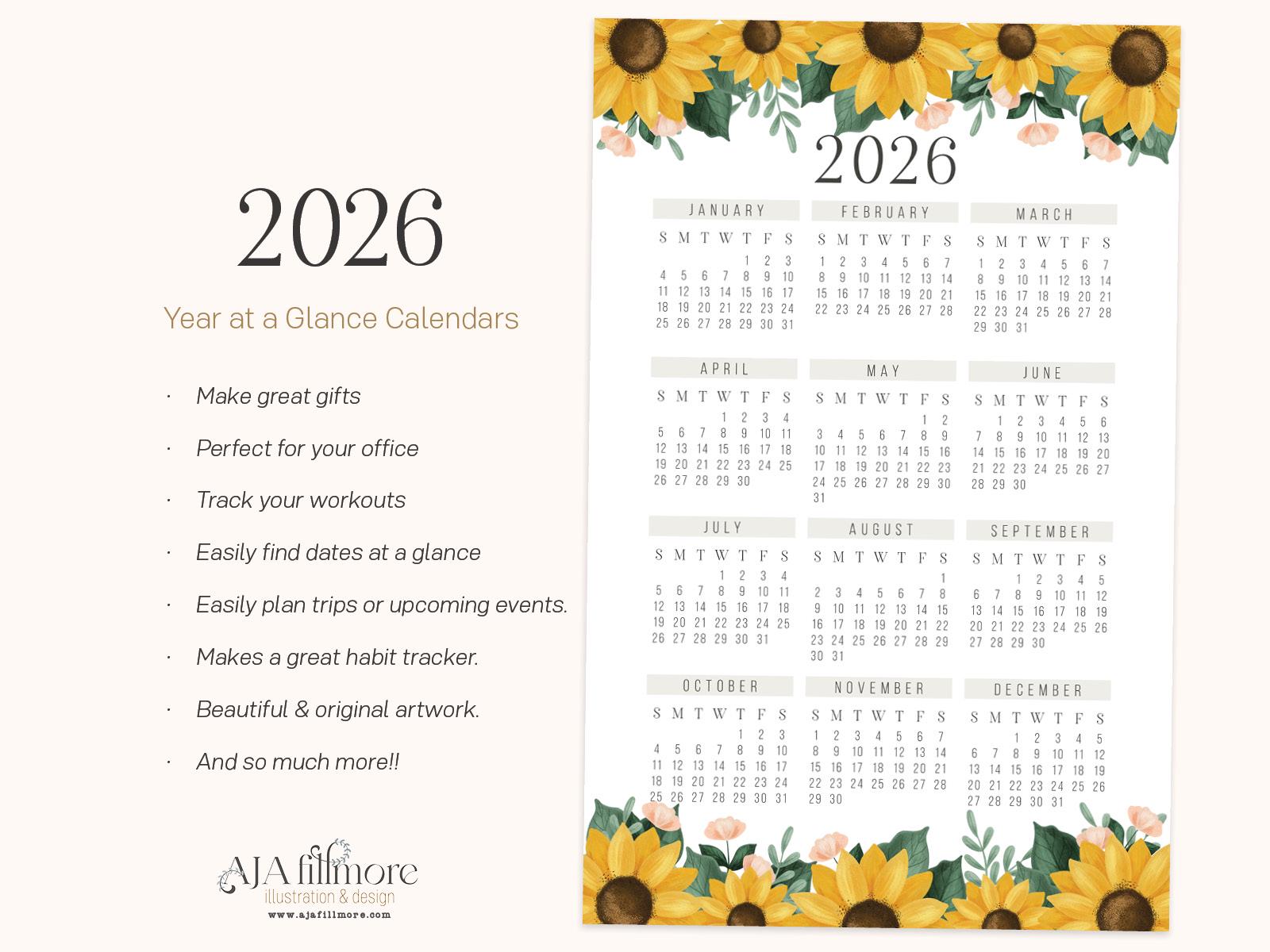2026 Printable Sunflower Calendar | Year at a Glance | Floral Wall Art ...