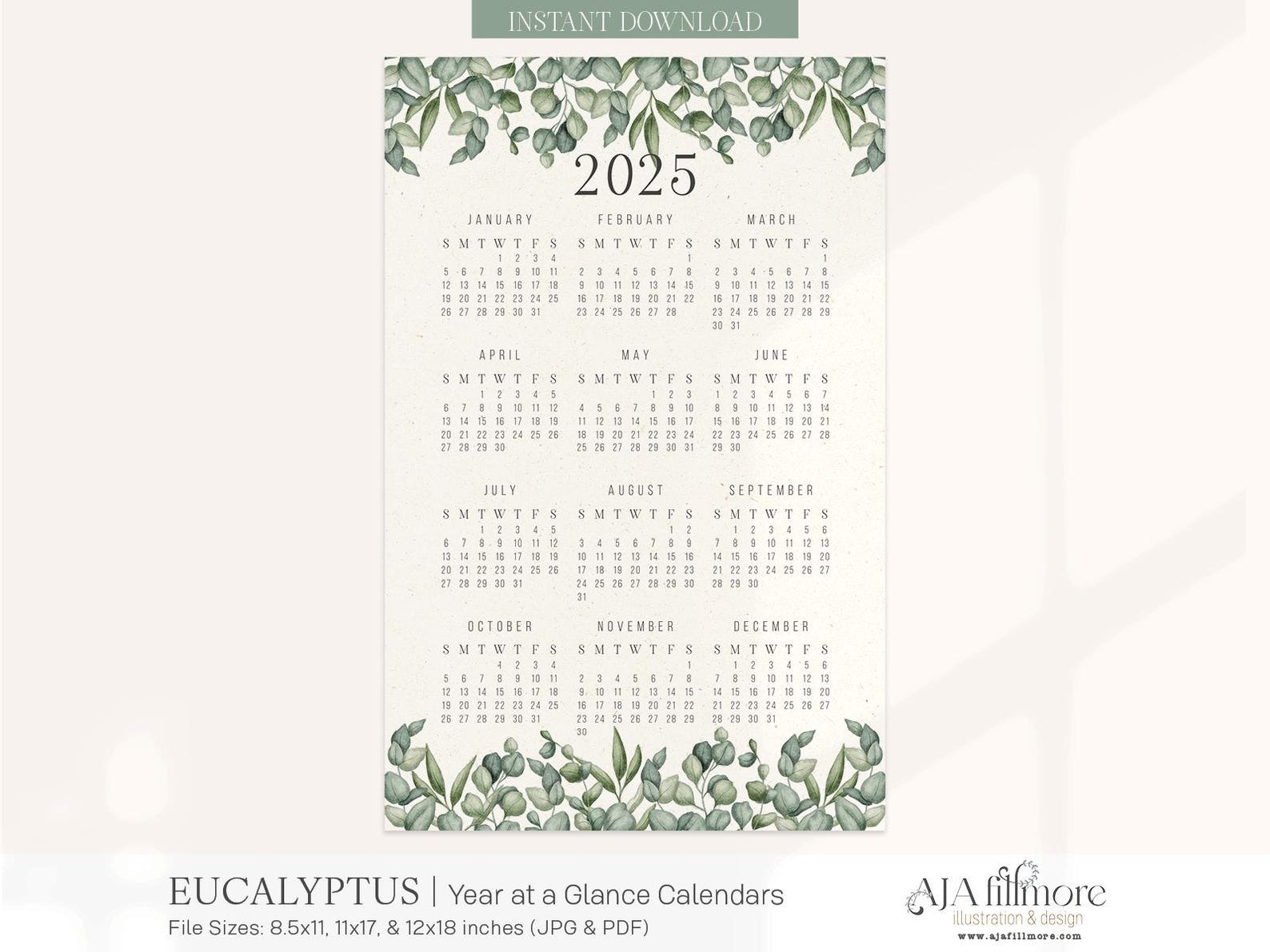 2025 Year at a Glance Calendar, 2025 Wall Calendar, 2025 Digital Wall ...
