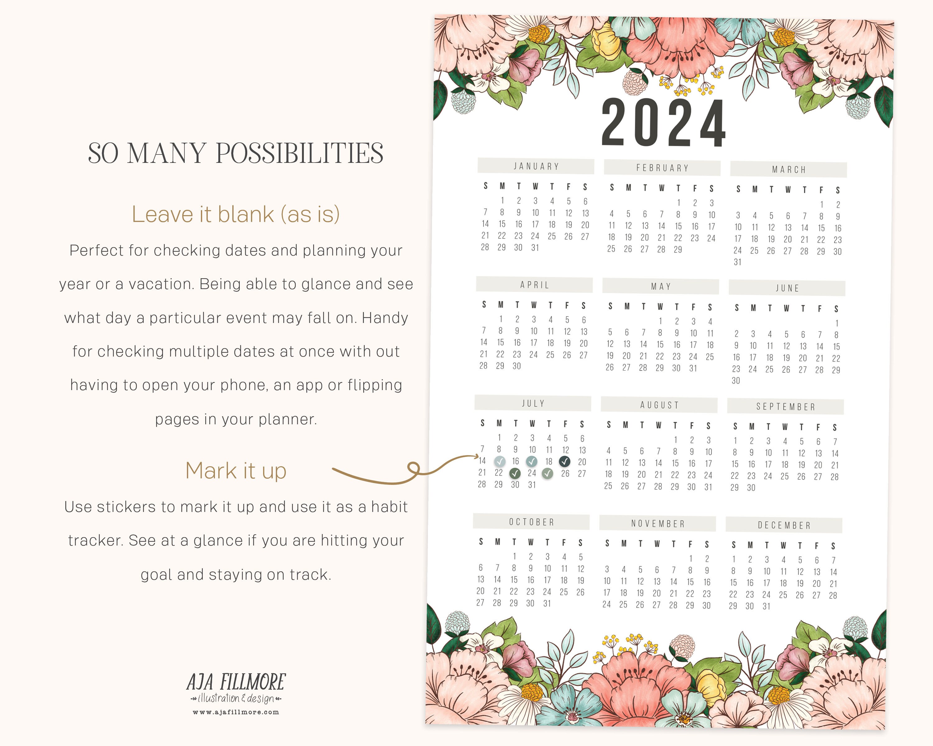 2024 Year at a Glance Calendar, 2024 Wall Calendar, 2024 Digital Wall ...
