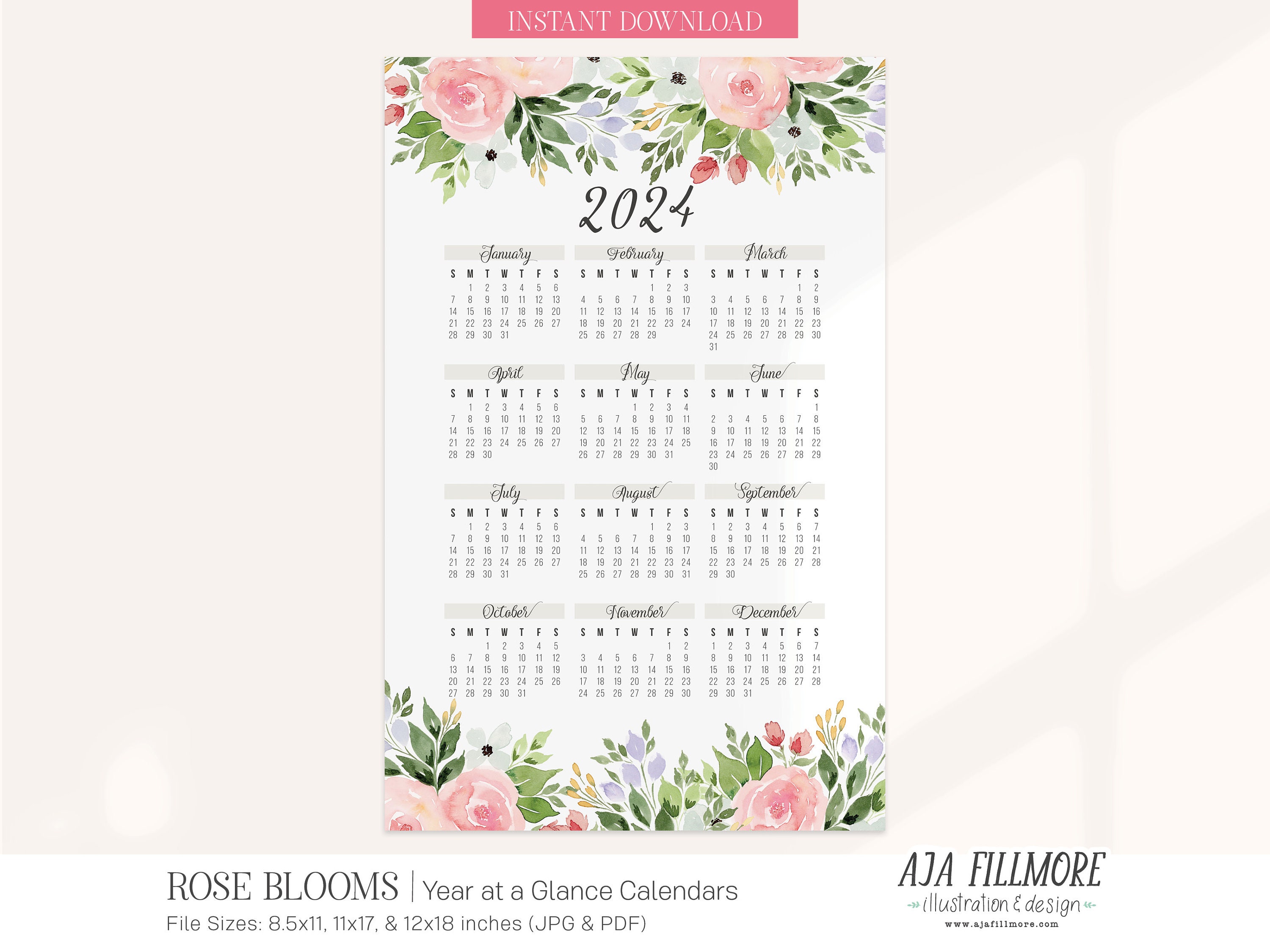 2024 Year at a Glance Calendar, 2024 Wall Calendar, 2024 Digital Wall ...