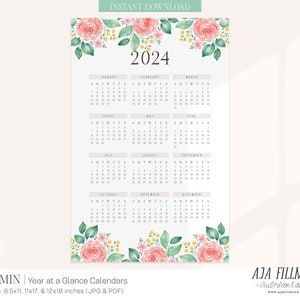 2024 Year at a Glance Calendar, 2024 Wall Calendar, 2024 Digital Wall ...