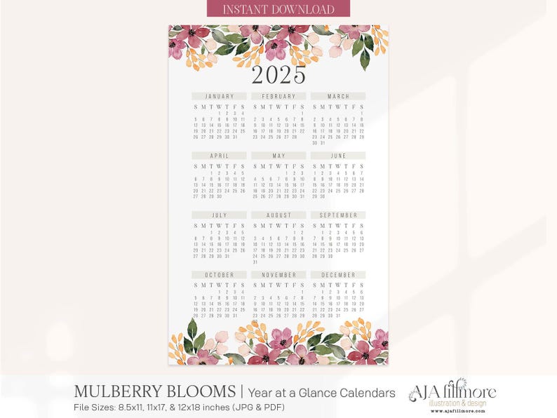 2025 Year at a Glance Calendar, 2025 Wall Calendar, 2025 Digital Wall ...