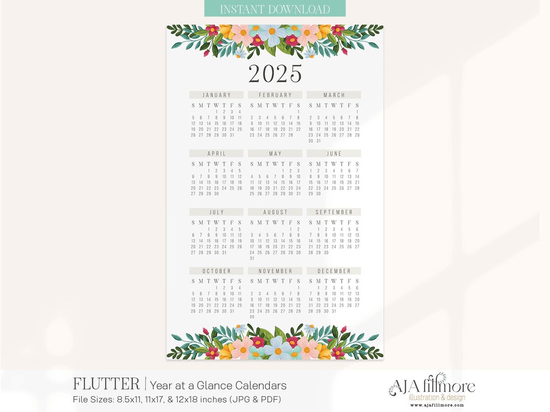 2025 Year at a Glance Calendar, 2025 Wall Calendar, 2025 Digital Wall ...