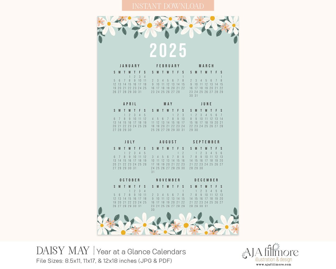 2025 Year at a Glance Calendar, 2025 Wall Calendar, 2025 Digital Wall ...