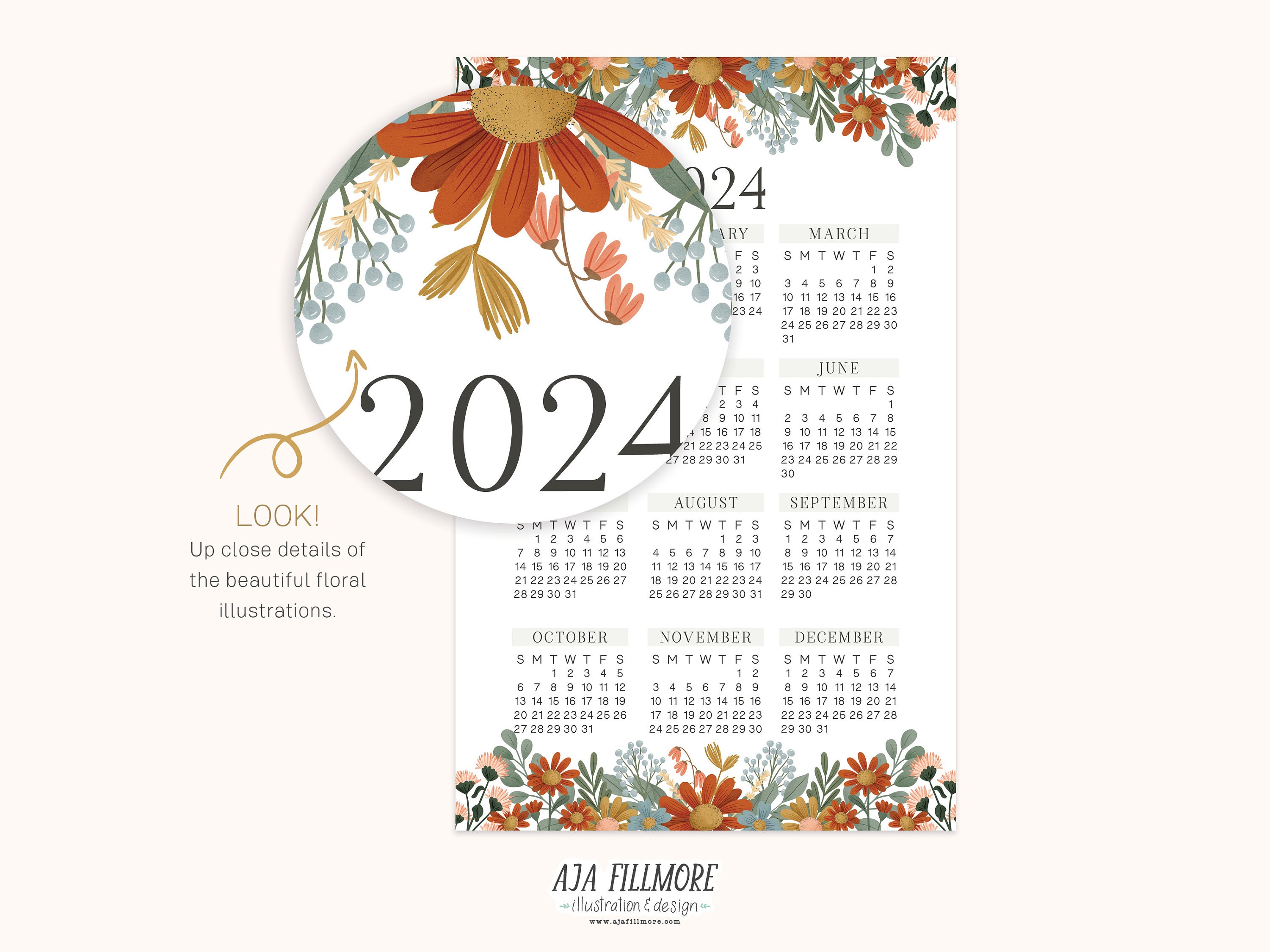 2024 Year at a Glance Calendar, 2024 Wall Calendar, 2024 Digital Wall ...