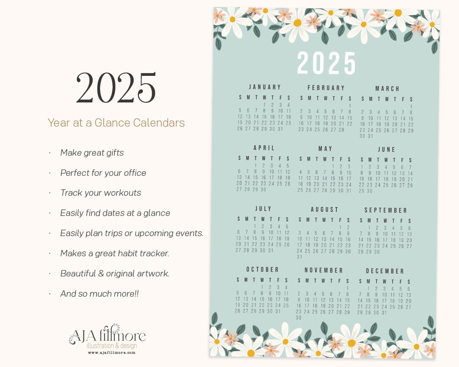 2025 Year at a Glance Calendar, 2025 Wall Calendar, 2025 Digital Wall ...