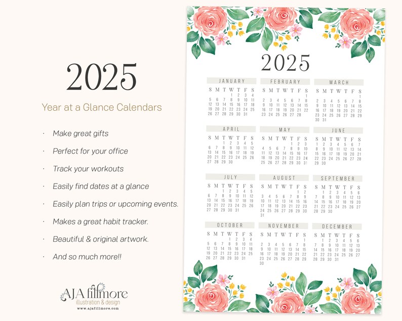 2025 Year at a Glance Calendar, 2025 Wall Calendar, 2025 Digital Wall Calendar, Printable ...