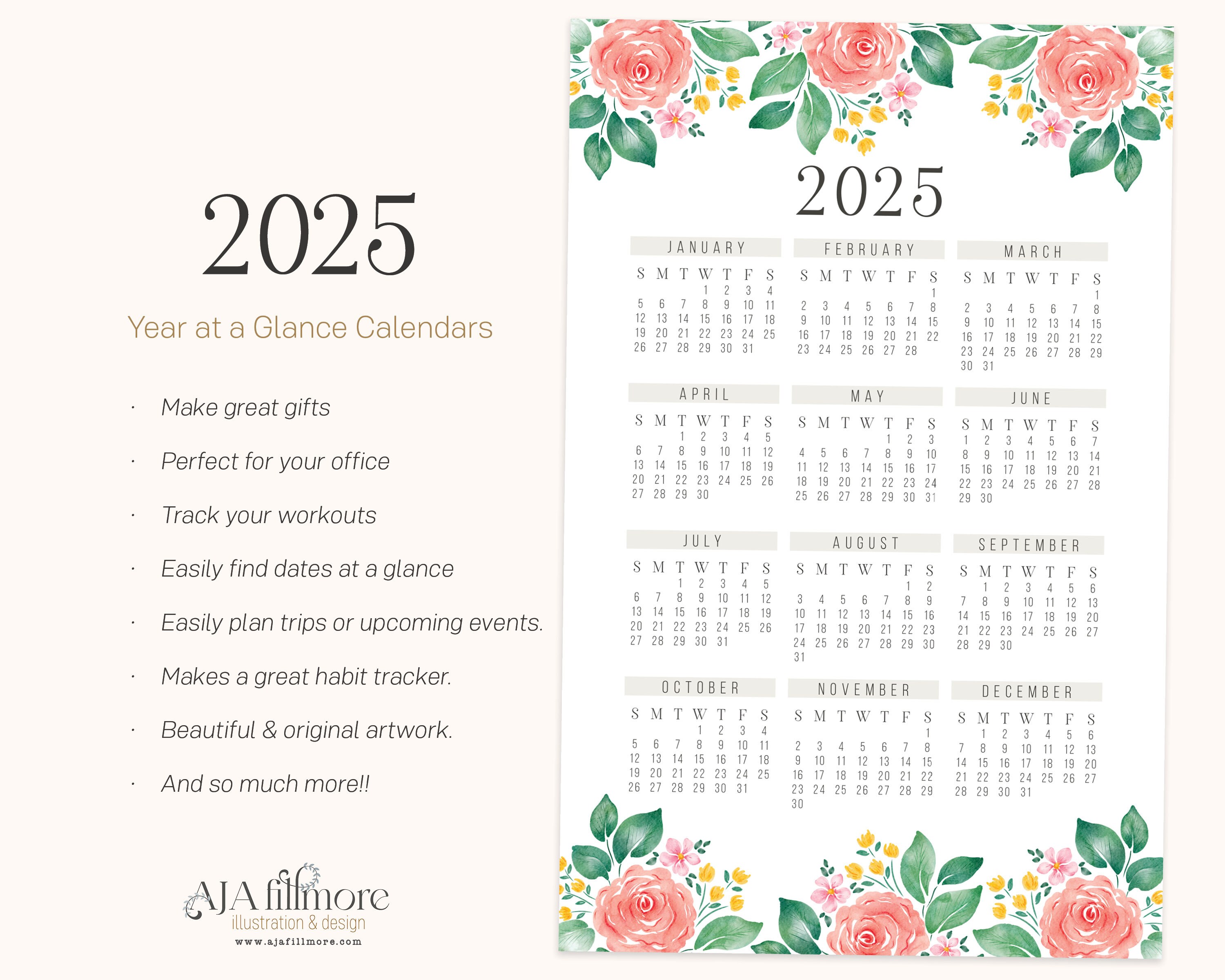 2025 Year at a Glance Calendar, 2025 Wall Calendar, 2025 Digital Wall ...