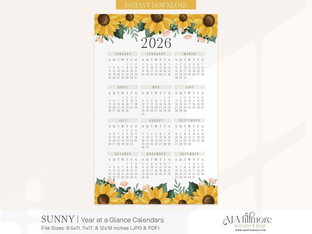 2026 Printable Sunflower Calendar | Year at a Glance | Floral Wall Art ...