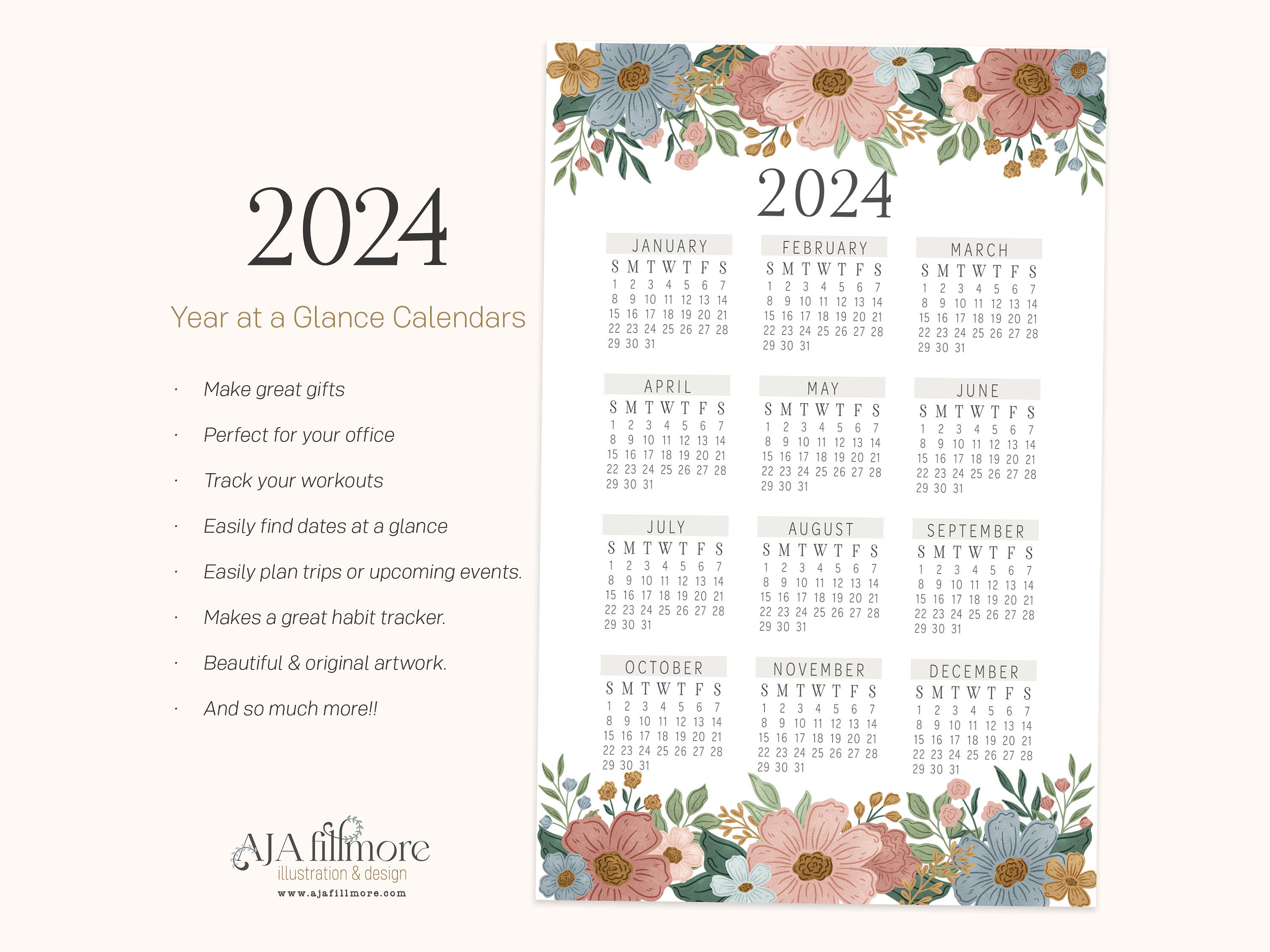 2024 Year at a Glance Calendar, 2024 Wall Calendar, 2024 Digital Wall ...