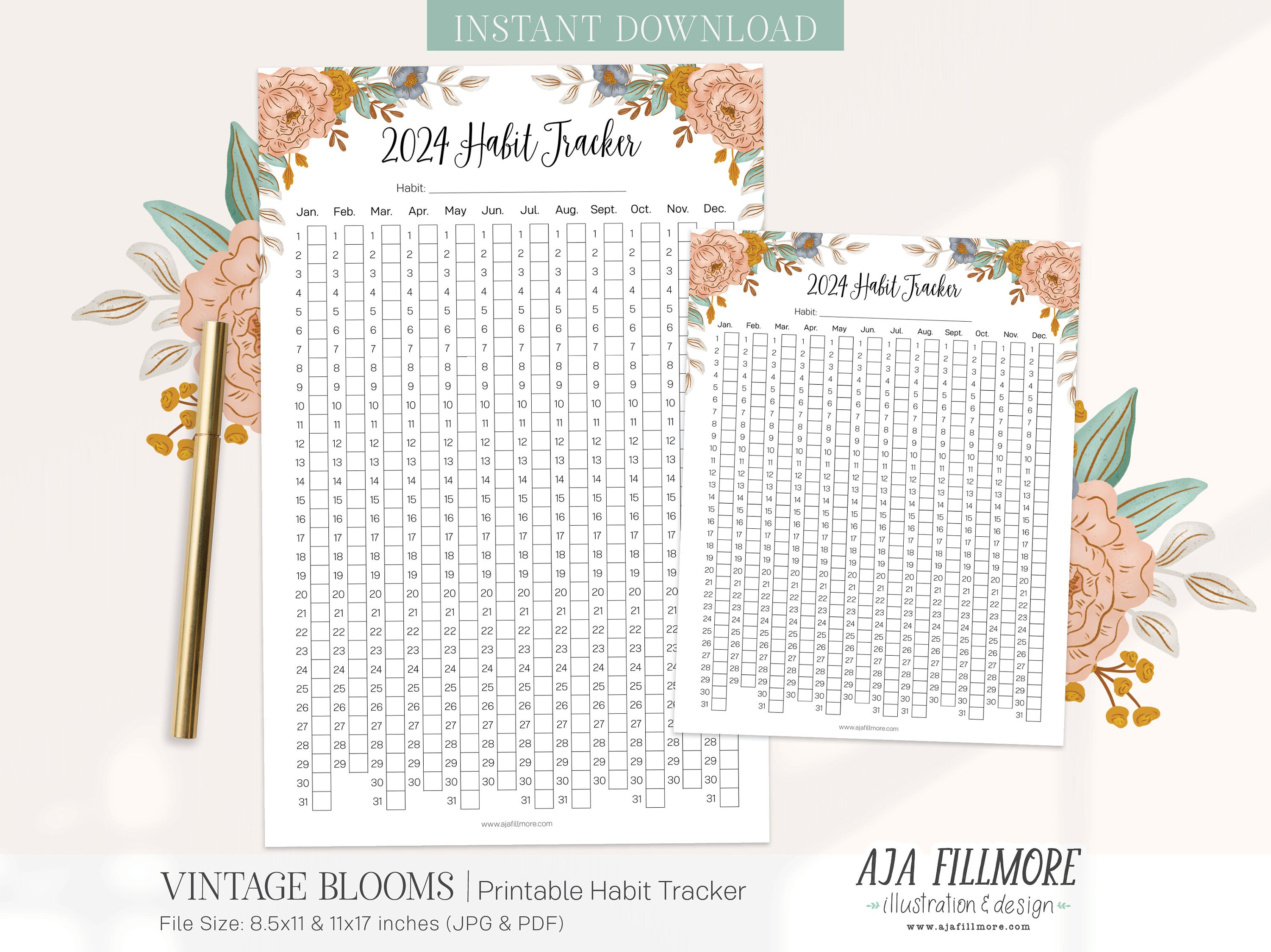 Habit Tracker Printable, 2024 Routine Tracker, Yearly Habit Challenge ...