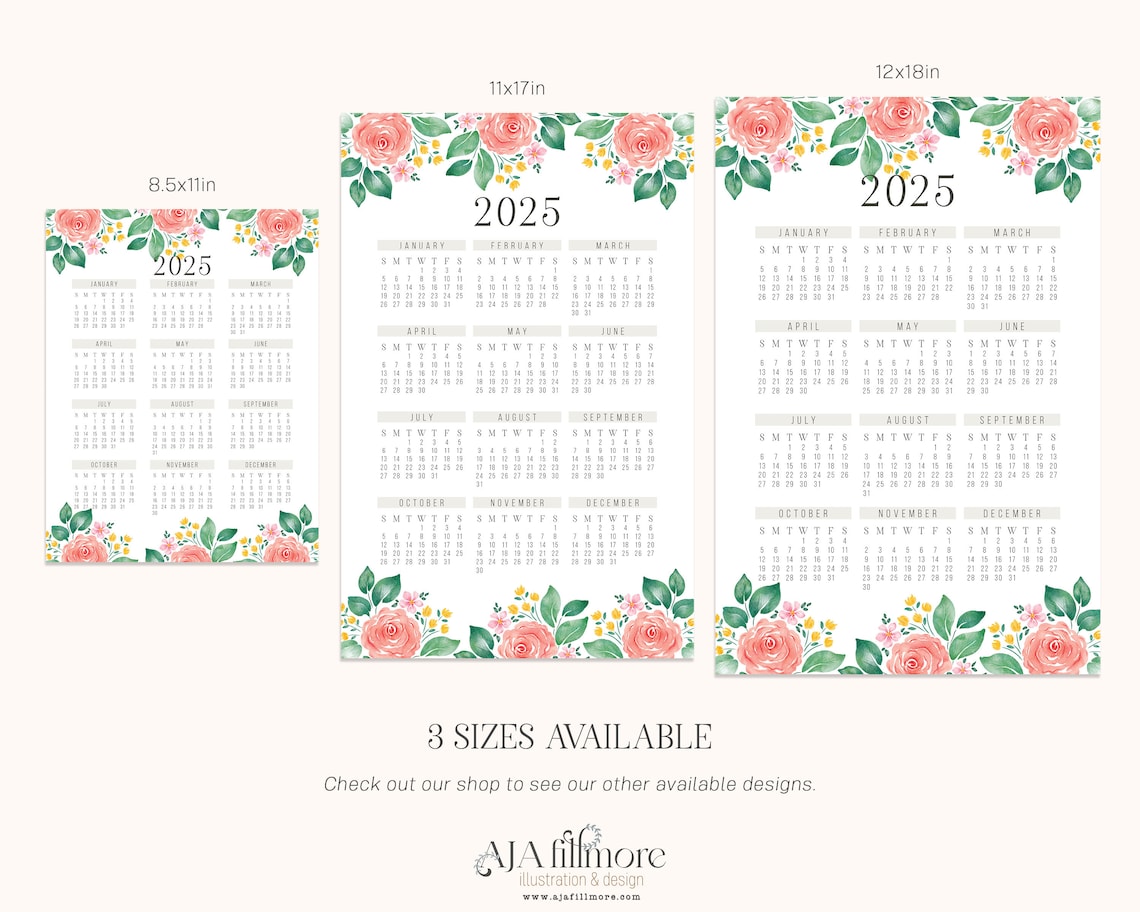 2025 Year at a Glance Calendar, 2025 Wall Calendar, 2025 Digital Wall Calendar, Printable ...