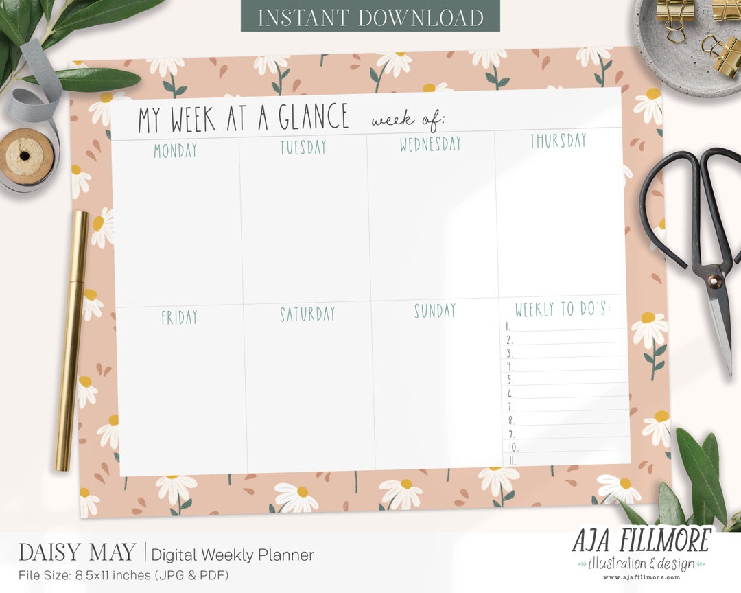 Weekly Planner, Daisies Weekly Planner, Digital Weekly Planner, Weekly ...