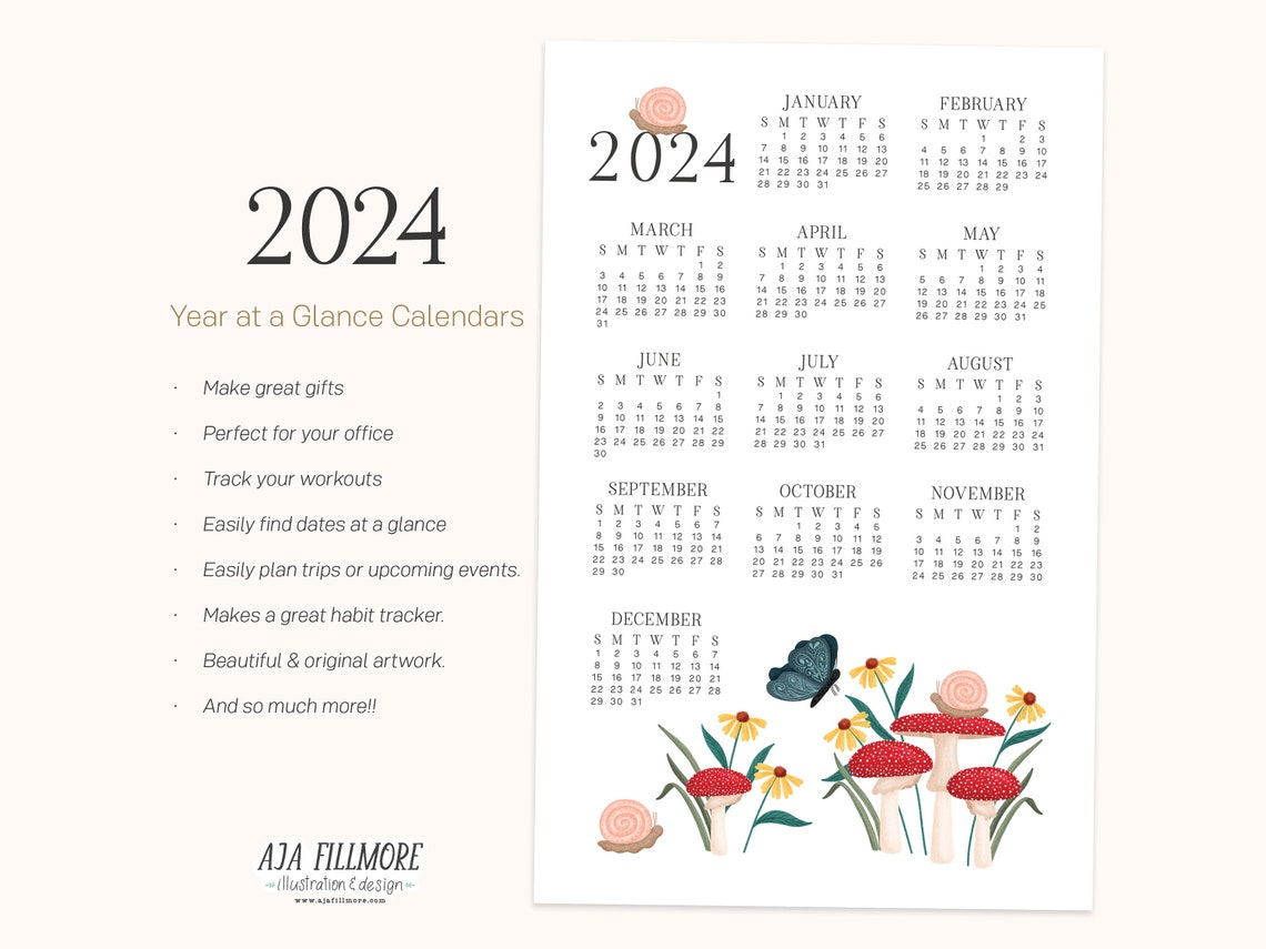 2024 Year at a Glance Calendar, 2024 Wall Calendar, 2024 Digital Wall ...