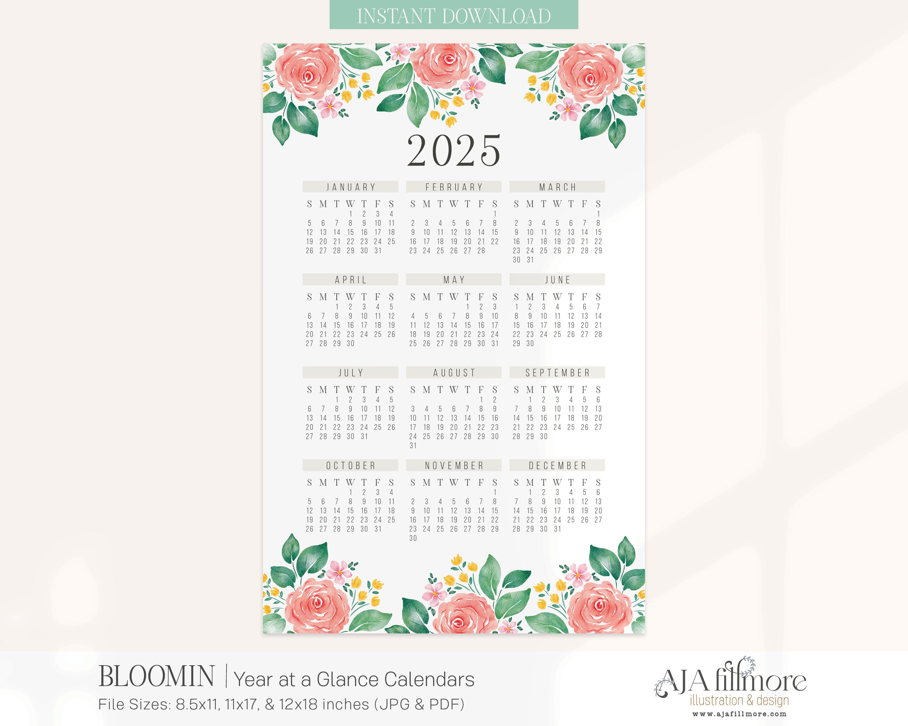 2025 Year at a Glance Calendar, 2025 Wall Calendar, 2025 Digital Wall Calendar, Printable ...