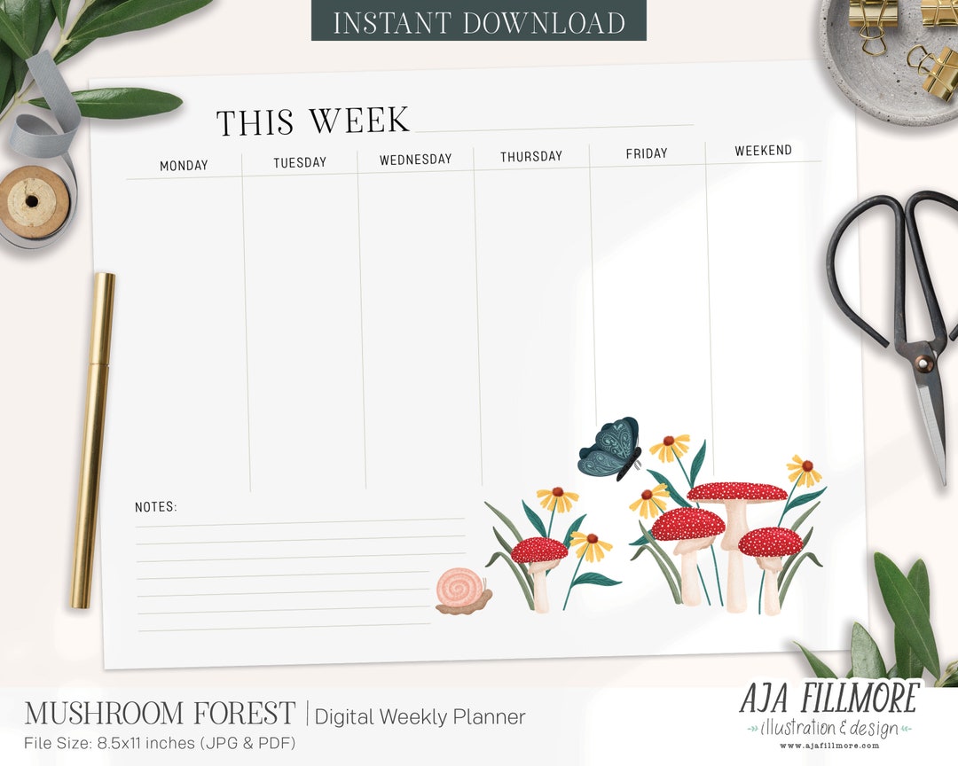 Weekly Planner, Mushroom Weekly Planner, Digital Weekly Planner ...