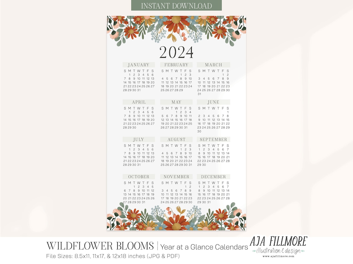 2024 Year at a Glance Calendar, 2024 Wall Calendar, 2024 Digital Wall ...