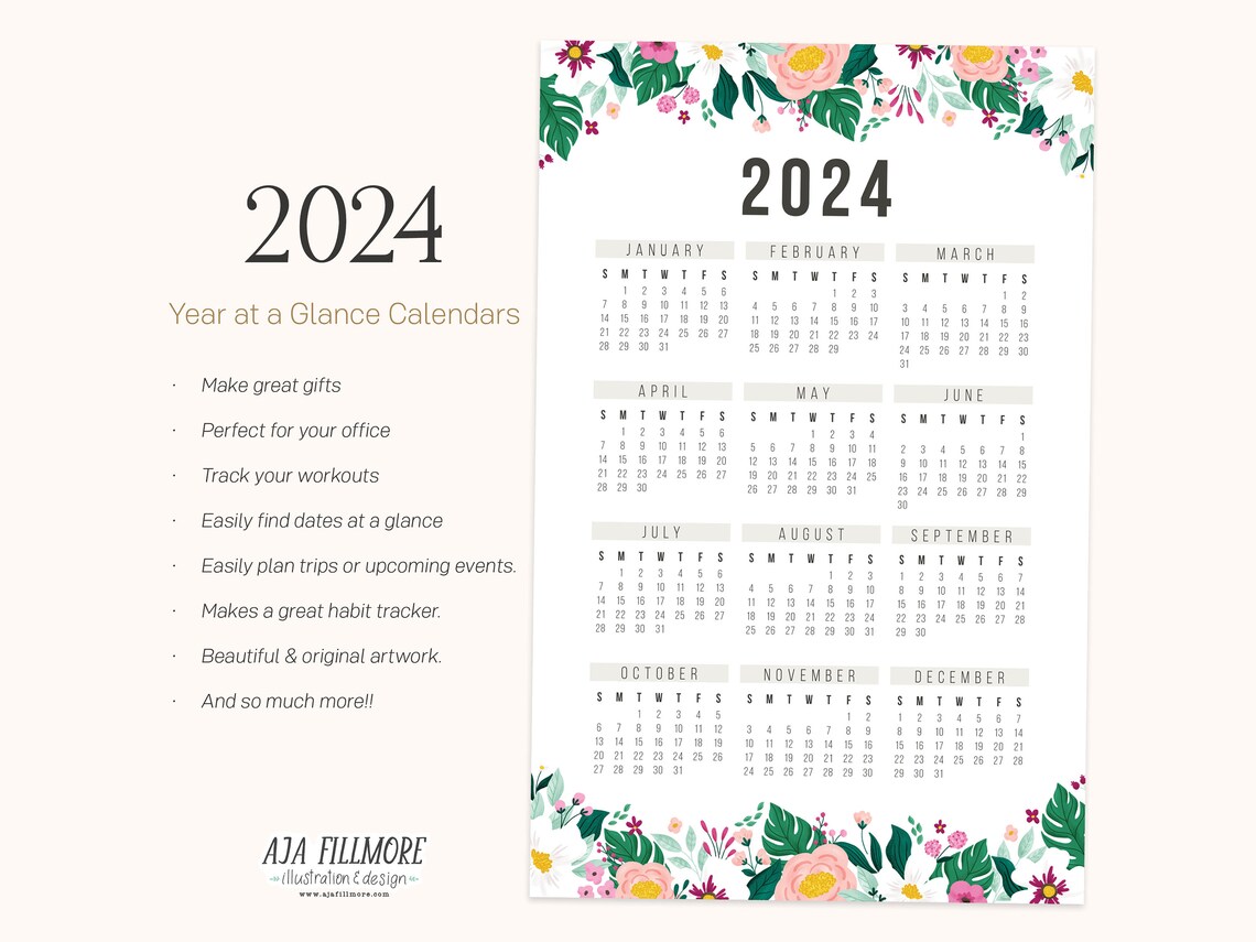 2024 Year at a Glance Calendar 2024 Wall Calendar 2024 - Etsy