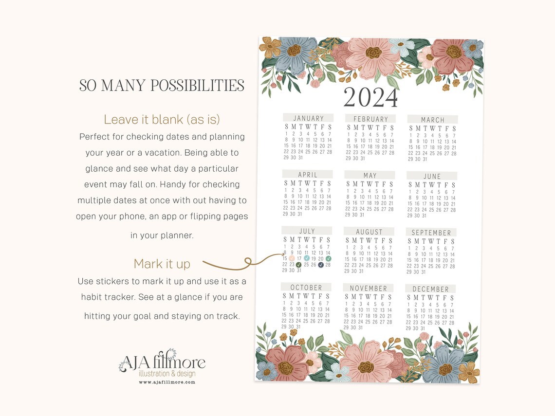 2024 Year at a Glance Calendar, 2024 Wall Calendar, 2024 Digital Wall ...