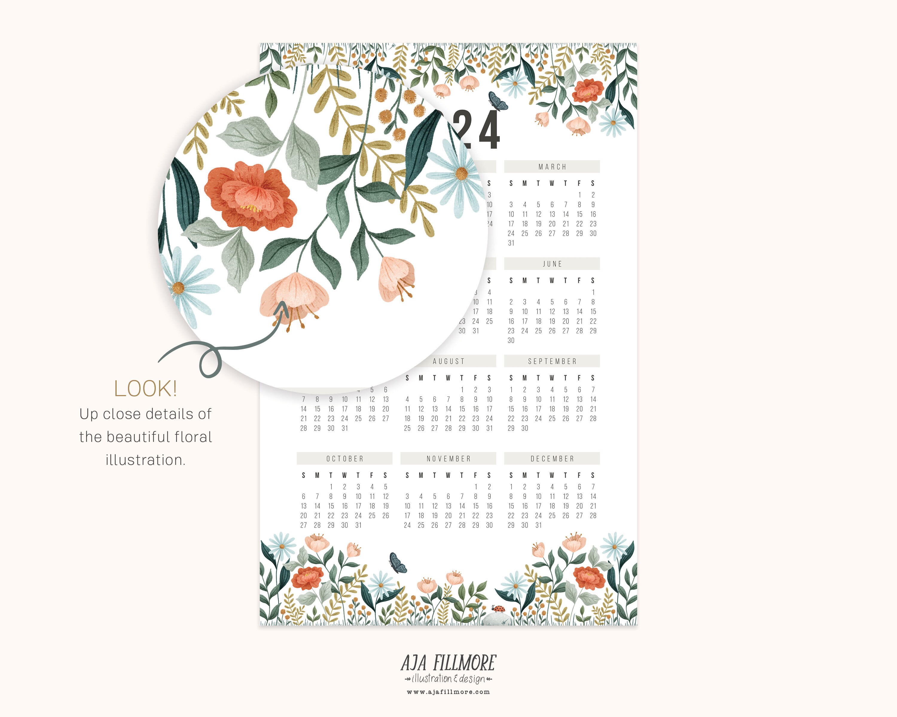 2024 Year at a Glance Calendar, 2024 Wall Calendar, 2024 Digital Wall ...