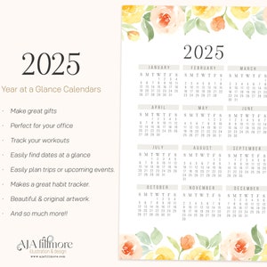 2025 Year at a Glance Calendar, 2025 Wall Calendar, 2025 Digital Wall Calendar, Printable ...