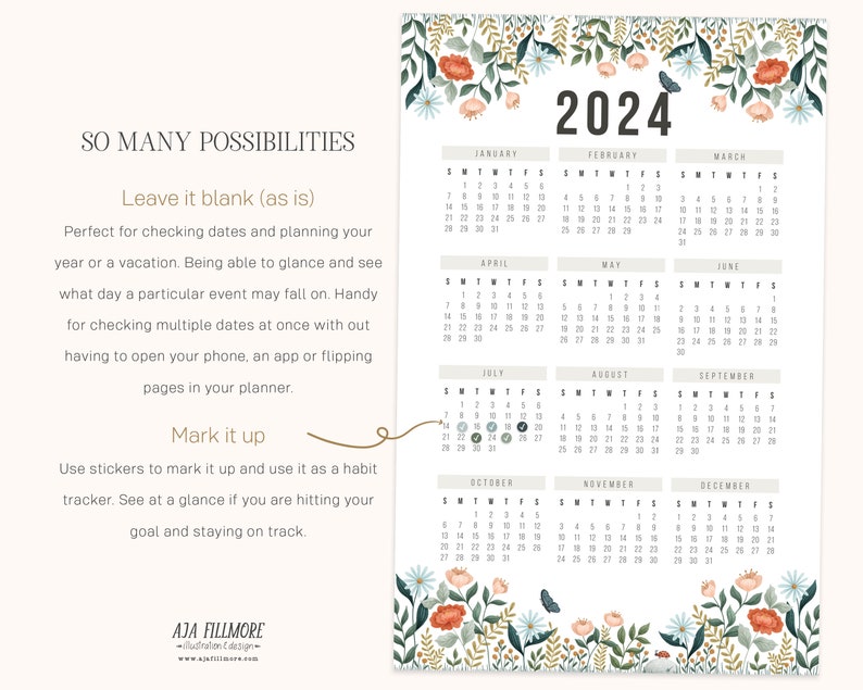 2024 Year at a Glance Calendar, 2024 Wall Calendar, 2024 Digital Wall ...