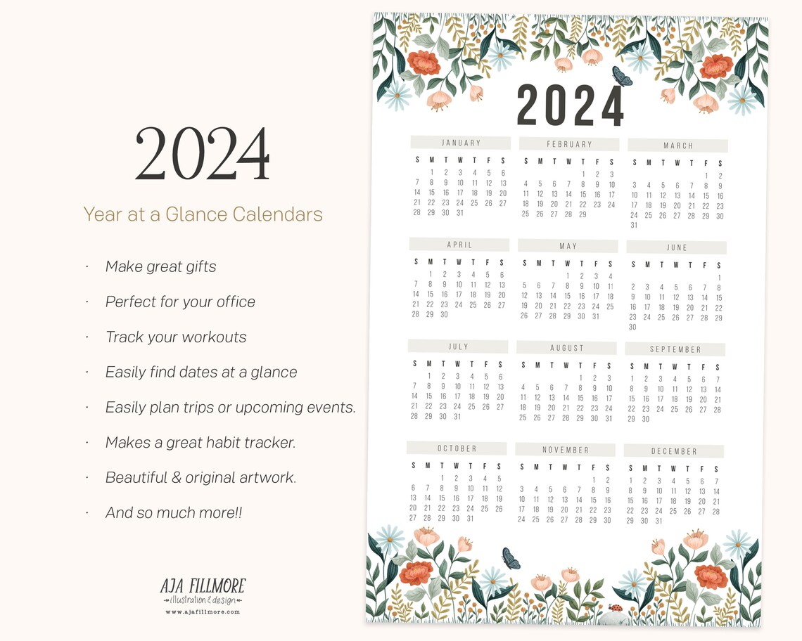 2024 Year at a Glance Calendar, 2024 Wall Calendar, 2024 Digital Wall ...