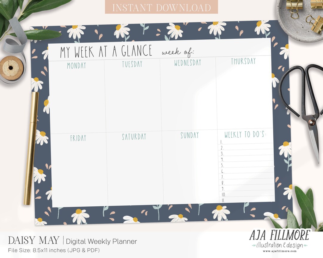 Weekly Planner, Daisies Weekly Planner, Digital Weekly Planner, Weekly ...