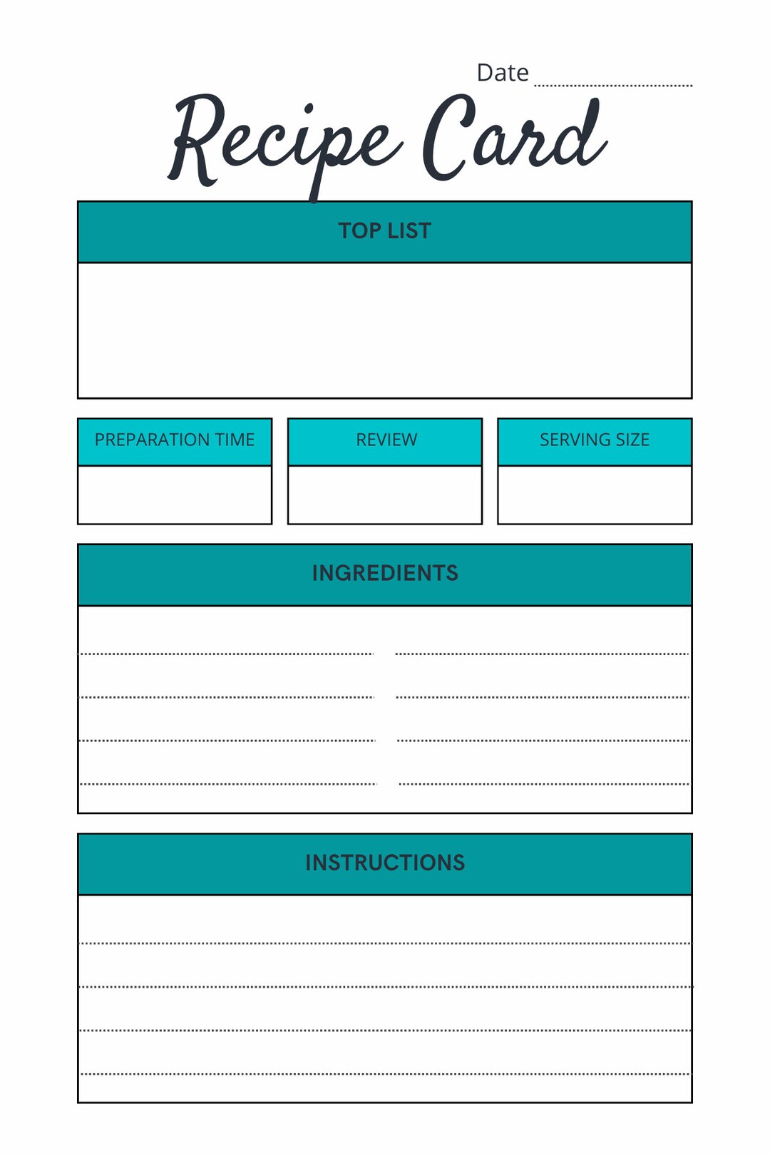 Recipe Card Template, Minimalist Design, Printable, Download - Etsy