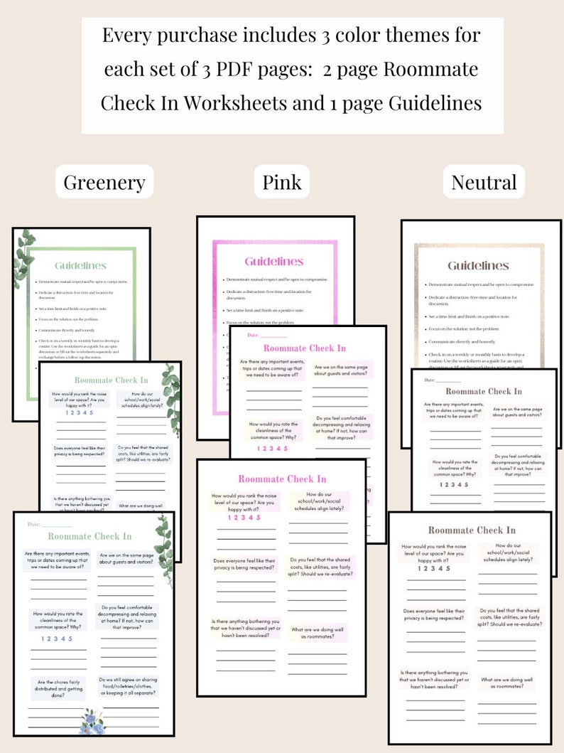 Roommate Check in Worksheets, Weekly or Monthly Check In, 3 Sets of 3 ...
