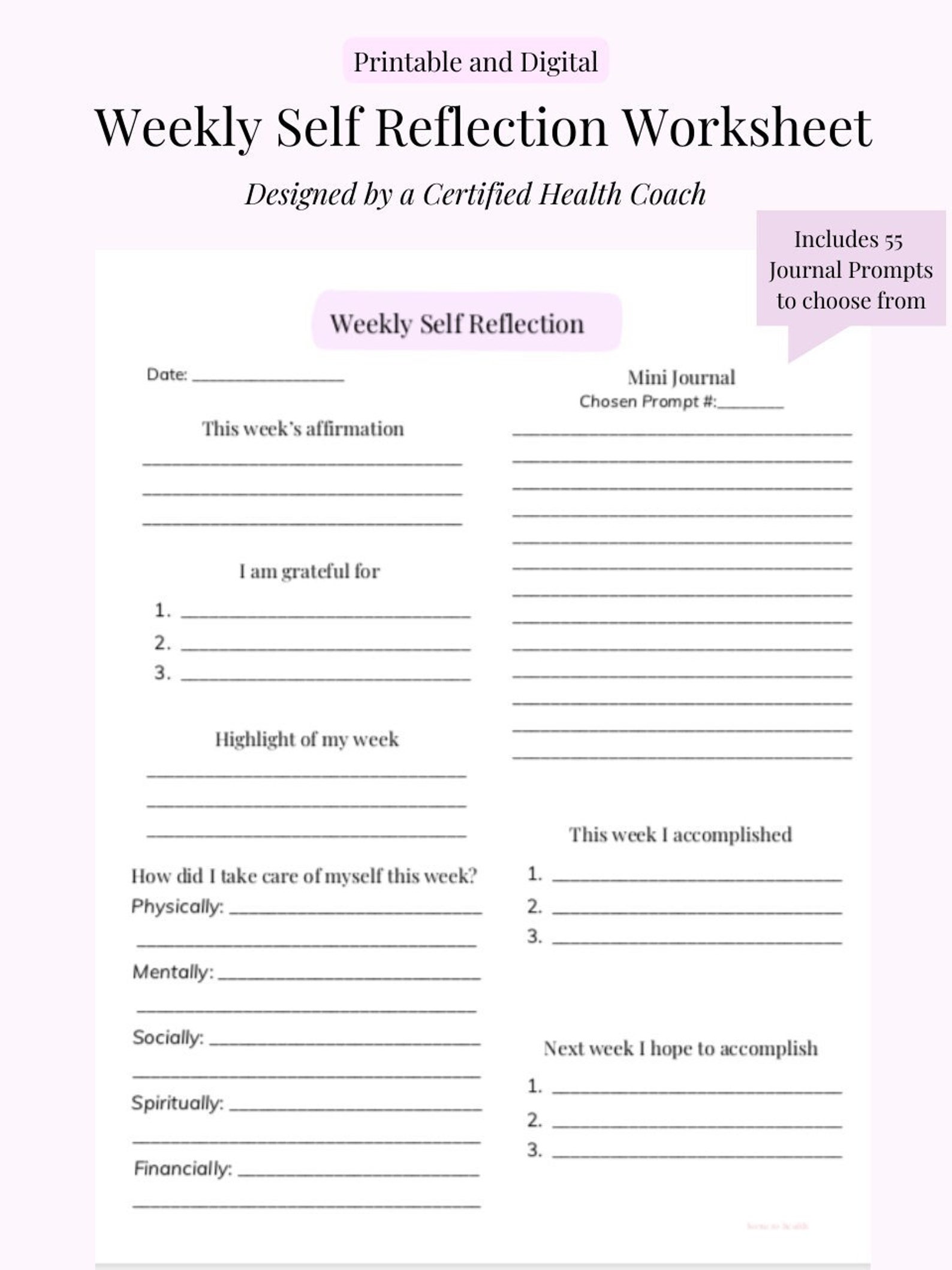 Weekly Self Reflection Worksheet and Journal Prompts, Self-care Check-in, Printable and Instant ...