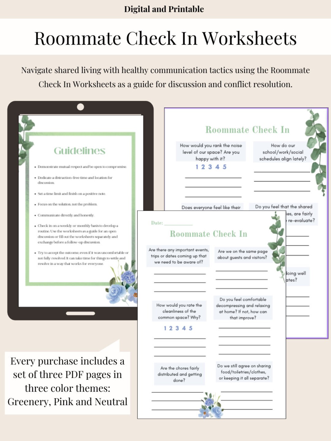 Roommate Check in Worksheets, Weekly or Monthly Check In, 3 Sets of 3 ...