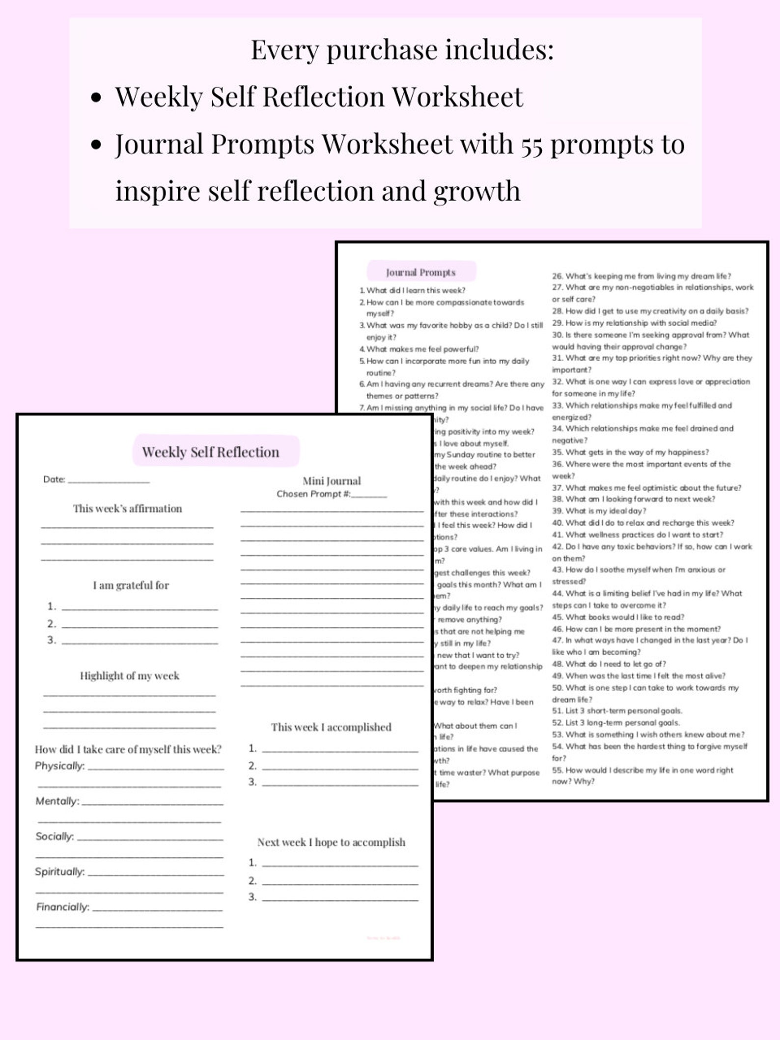 Weekly Self Reflection Worksheet and Journal Prompts, Self-care Check ...