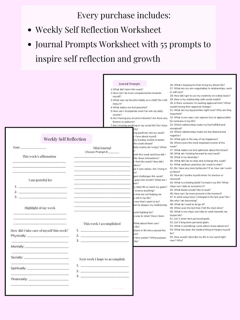 Weekly Self Reflection Worksheet and Journal Prompts, Self-care Check ...