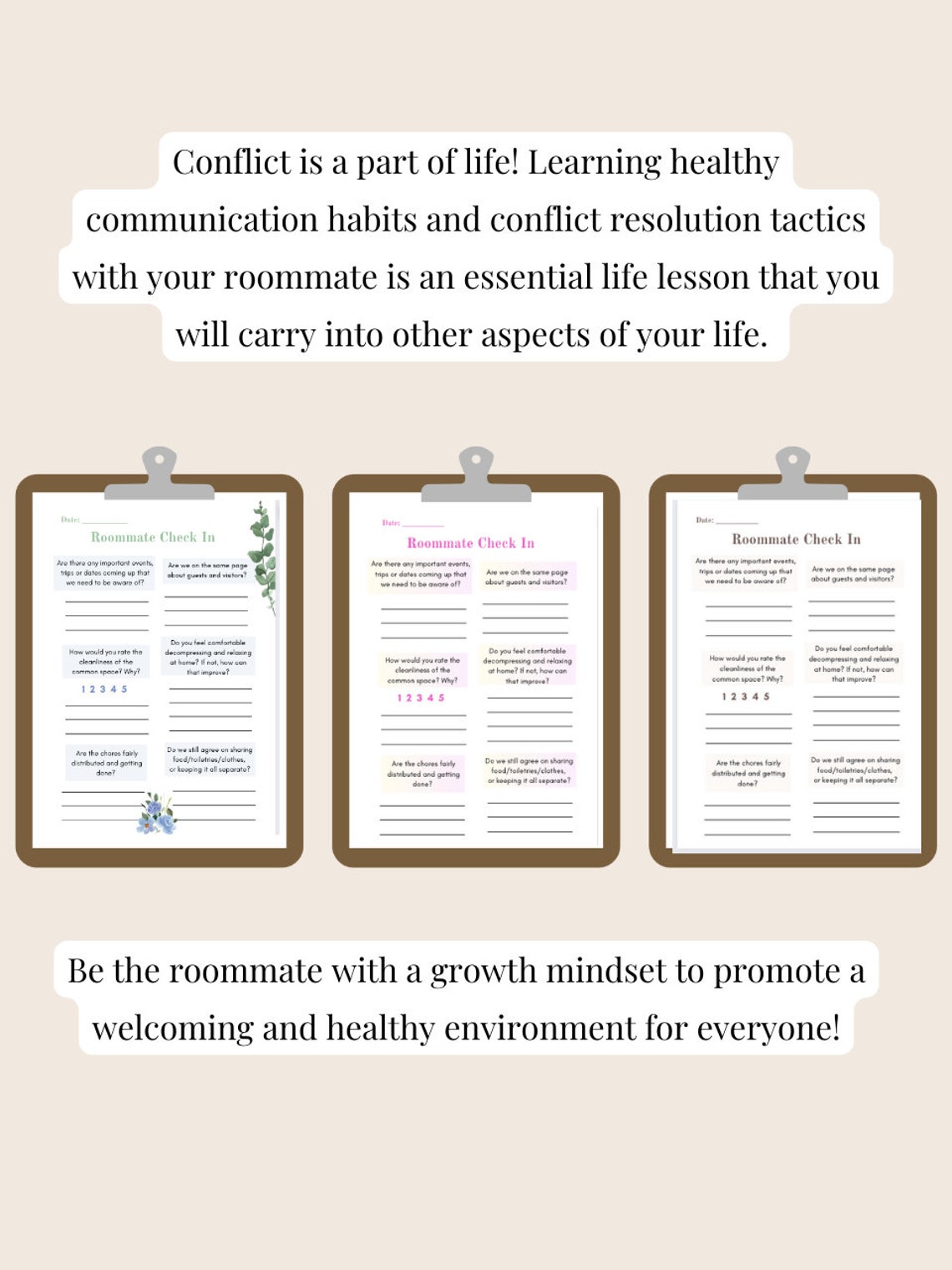 Roommate Check in Worksheets, Weekly or Monthly Check In, 3 Sets of 3 ...