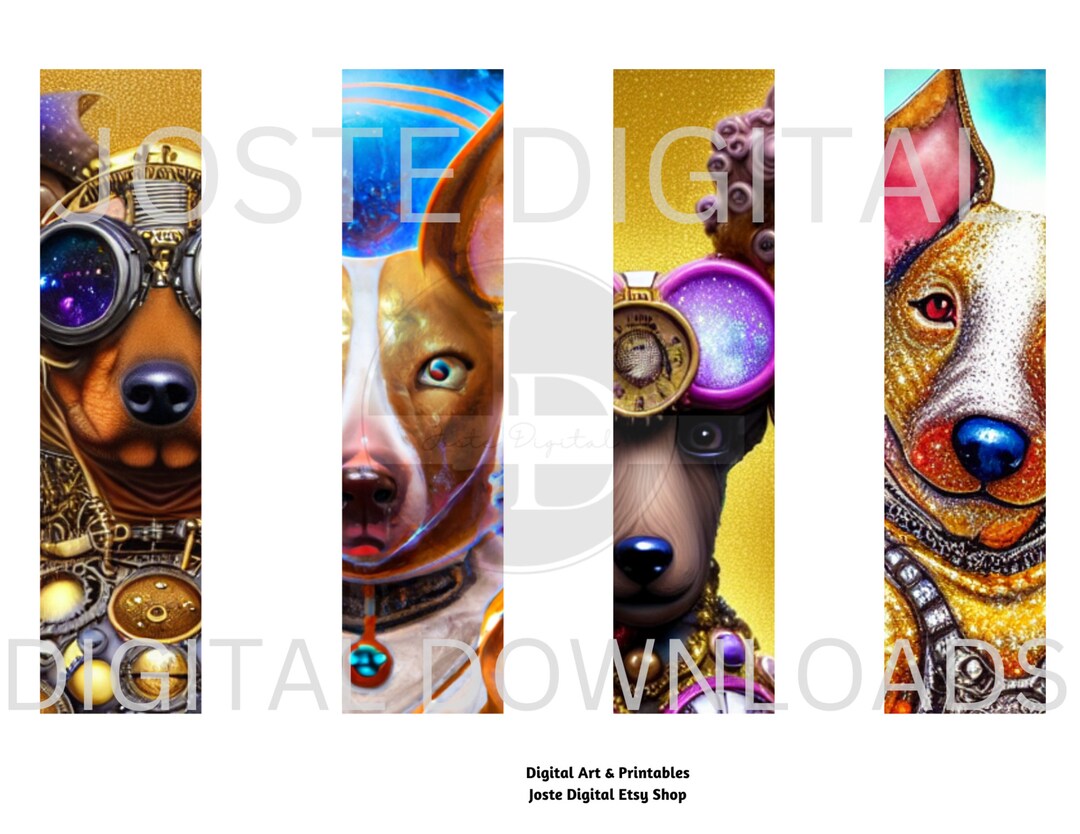 Set of 4 Printable Bookmarks Digital Colorful Steampunk Dog Bookmarks ...