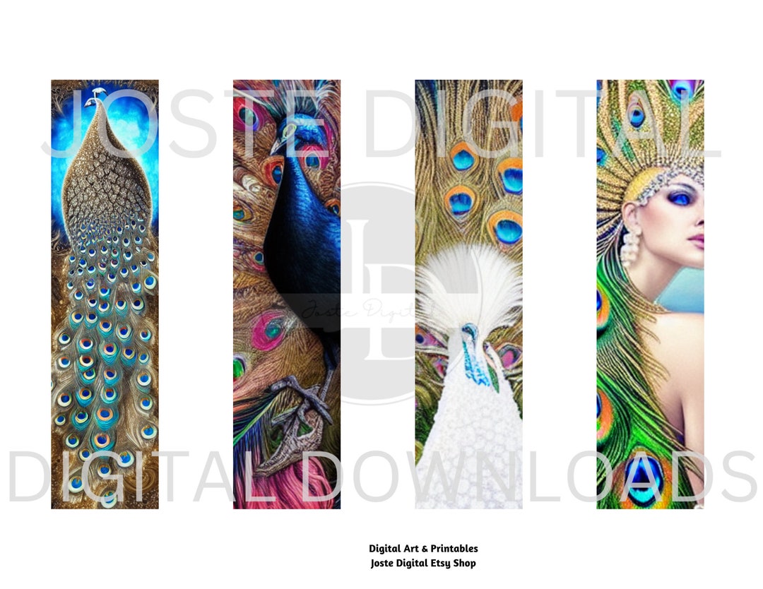 Set of 4 Printable Bookmarks Digital Colorful Peacock Design Bookmarks ...