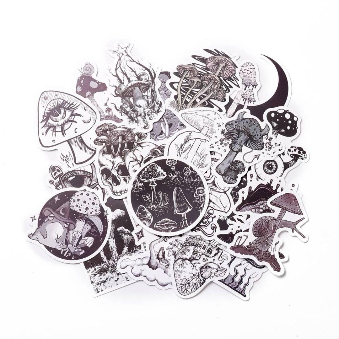 Black and White Mushroom PVC Plastic Sticker Labels, Self-adhesion ...
